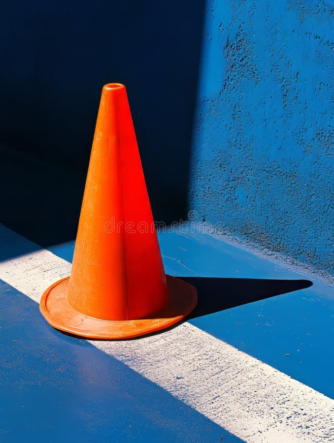 Orange Traffic Cone on a Blue Surface with Shadow. Stock Photo - Image ...