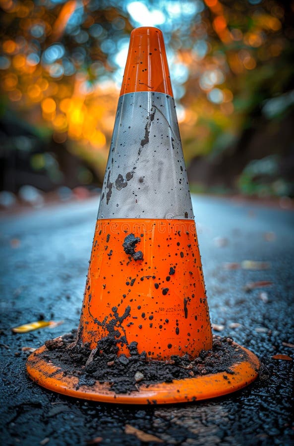 Orange Traffic Cone Covered with Mud on the Road and Trees in the ...