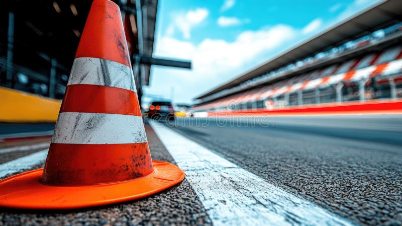 Orange Traffic Cone on Race Track with Blurred Background and Blue Sky ...