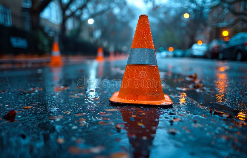 Orange Traffic Cone and Reflective Wet Road in the Rain Stock Image ...