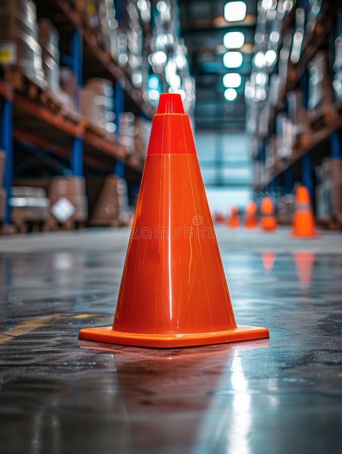 Orange Traffic Cone in a Warehouse Aisle with Blurred Background. Stock ...