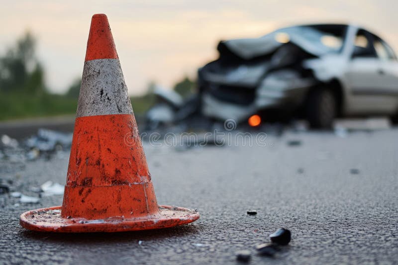 Orange Traffic Cone Warning of Car Crash on Wet Road Stock Image ...