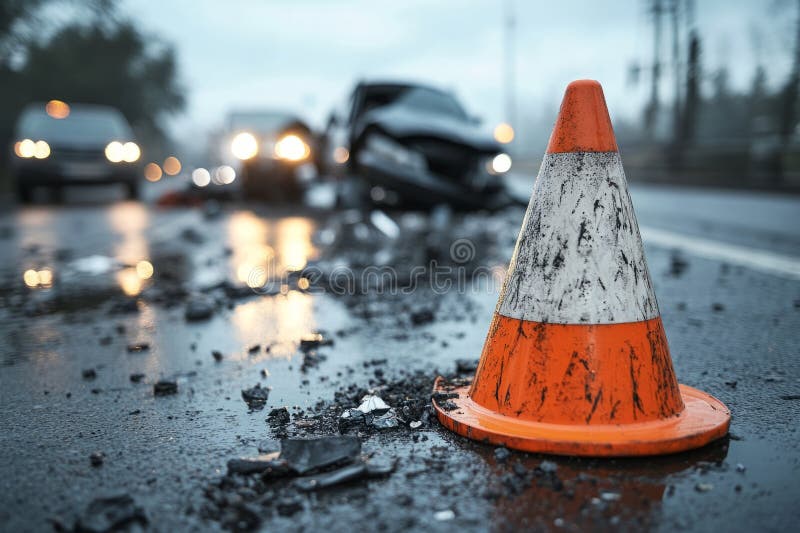 Orange Traffic Cone Warning of Car Crash on Wet Road Stock Image ...