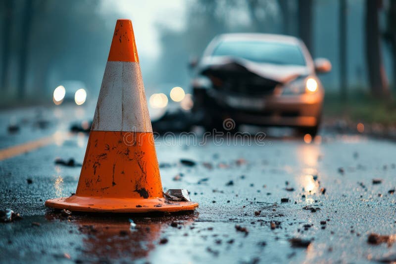 Orange Traffic Cone Warning of Car Crash on Wet Road Stock Image ...