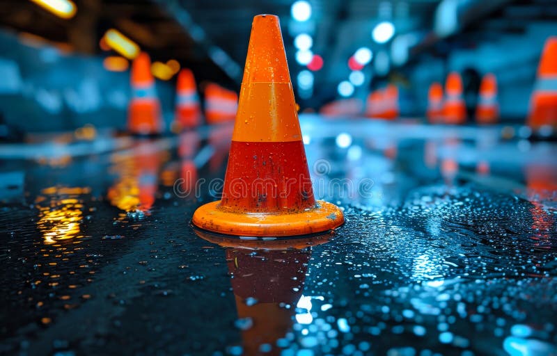 Orange Traffic Cone on the Wet Road Stock Photo - Image of plastic ...
