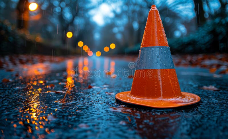 Orange Traffic Cone on the Wet Road in the Rain Stock Image - Image of ...