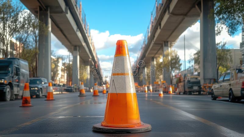 Orange Traffic Cones Guiding Traffic Under Elevated Highway during Road ...