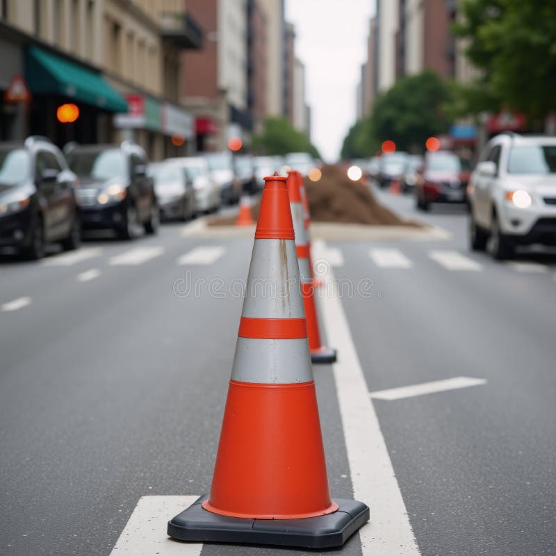 Orange Traffic Cones Mark a Bustling Scene of Street Workinprogress ...