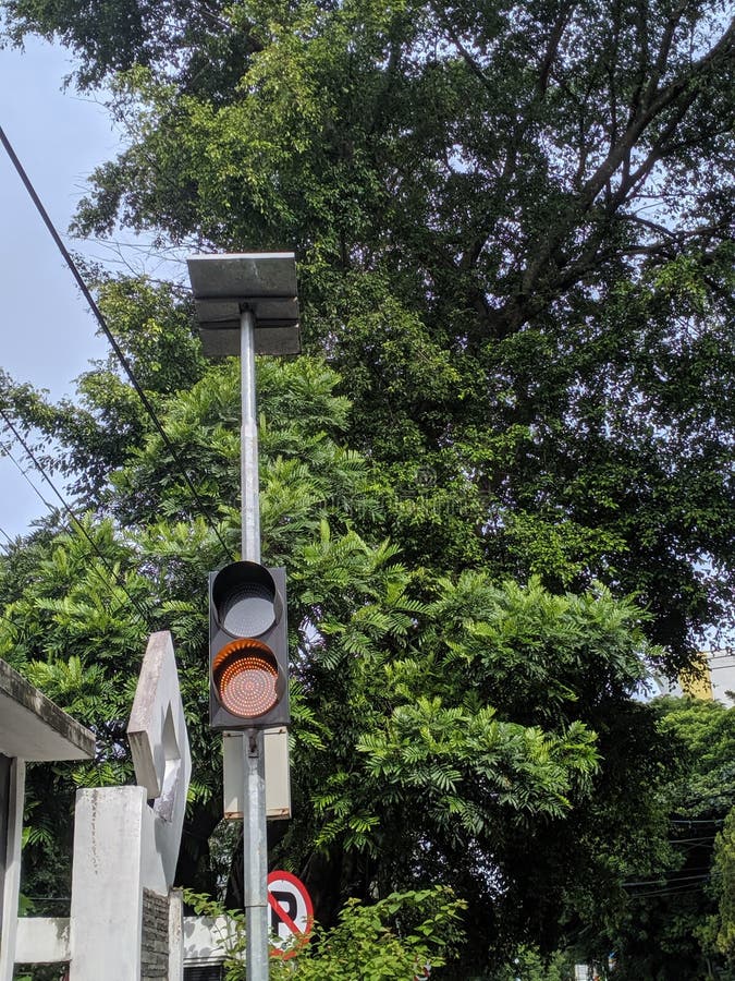 Orange Traffic Light No Parking Area Stock Photo - Image of street ...
