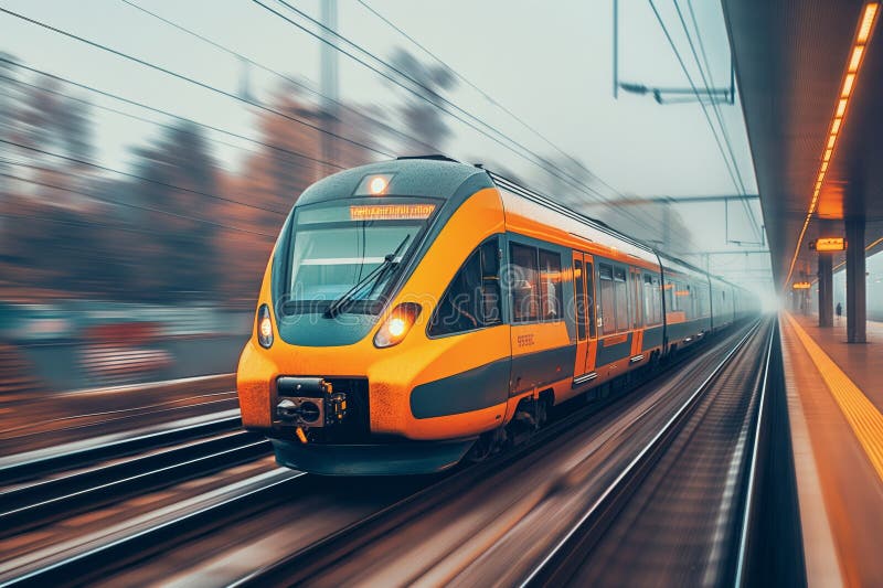 Orange Train Moving Fast on a Track Stock Photo - Image of travel ...