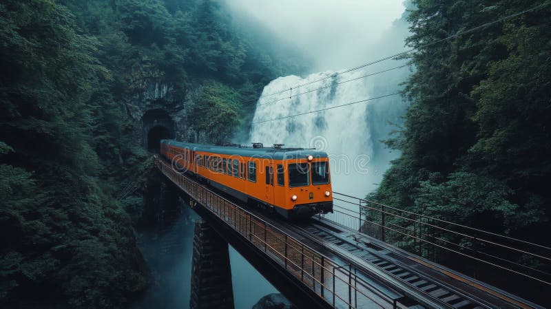 Orange Train Traveling through a Tunnel and Crossing a Bridge Over a ...