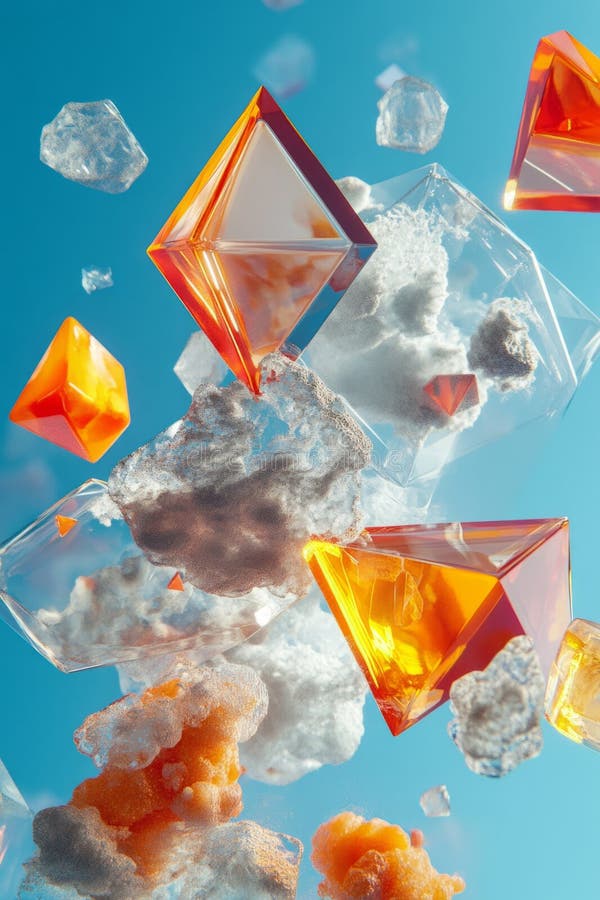 Orange and Transparent Crystals of Different Shapes, Ice and Clouds ...