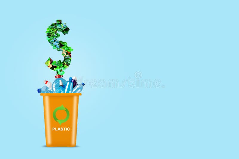 Orange Trash Can. with a Recycling Icon for Plastic, and Sign Dollar ...