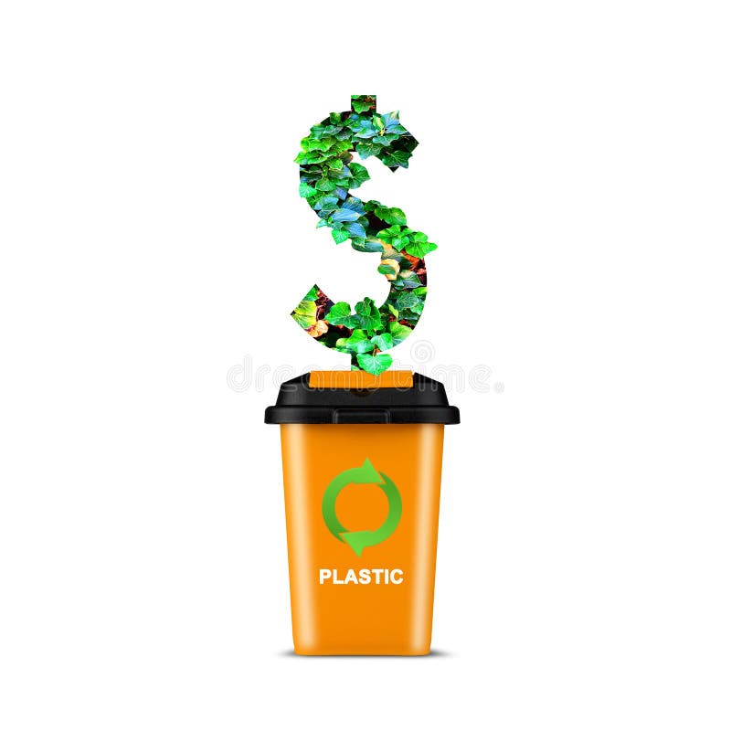 Orange Trash Can. with a Recycling Icon for Plastic, and Sign Dollar ...