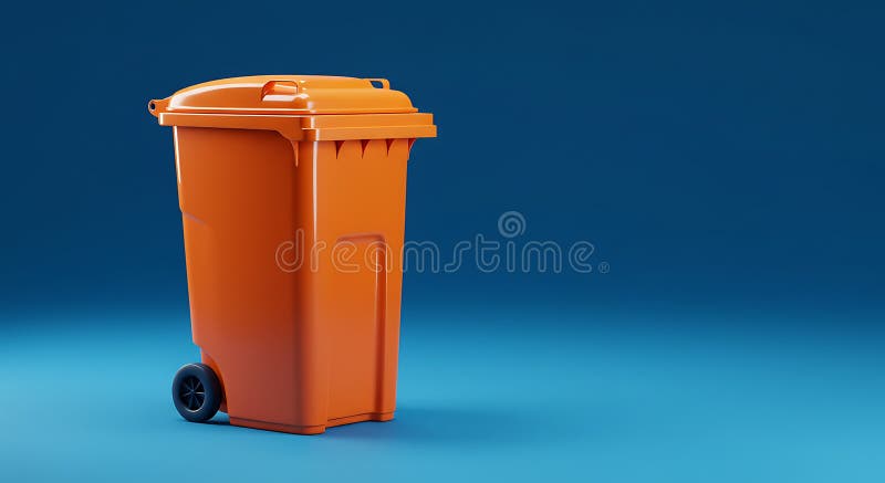 Orange Trash Can with Wheels on Blue Background Standing Still Stock ...