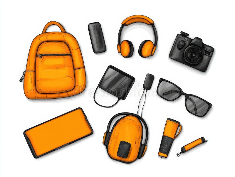 Orange Travel Accessories on White Background Stock Illustration ...