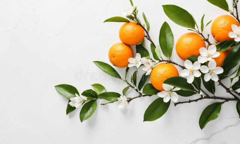Orange Tree Branch with Blossoms and Fruit on White Background Stock ...