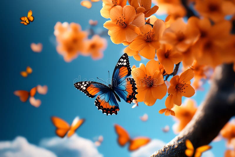 Orange Tree with Butterflies Fluttering Around the Blossoms ...