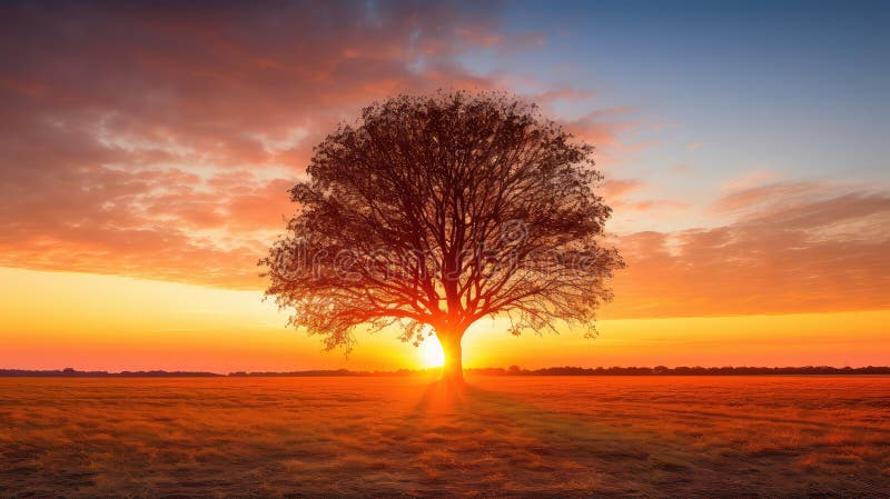 Orange Tree in Field with Sun Stock Illustration - Illustration of ...