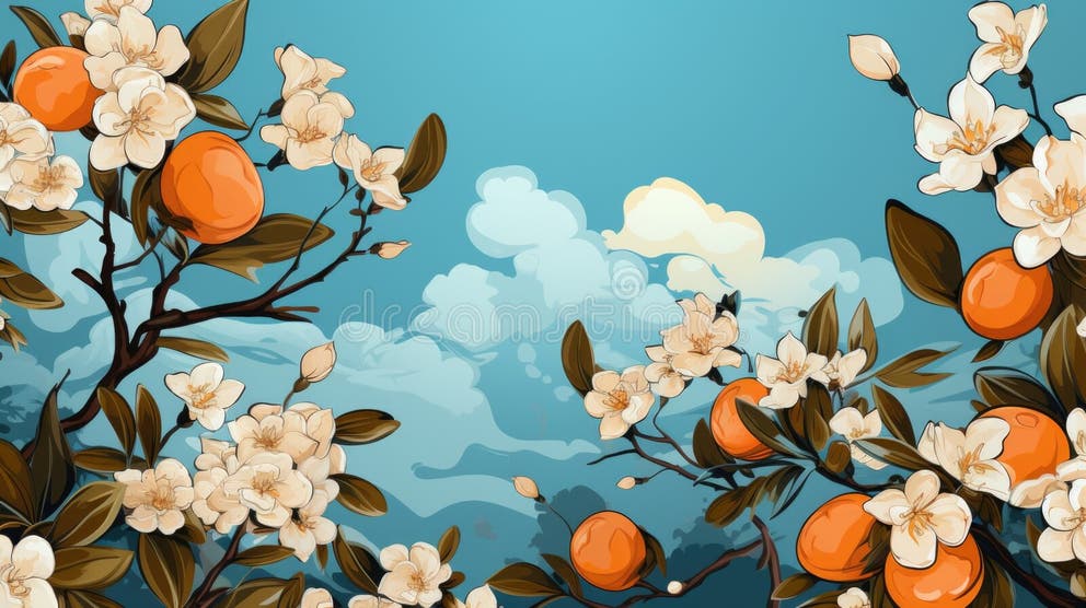 An Orange Tree with Flowers and Fruit on it, AI Stock Illustration ...