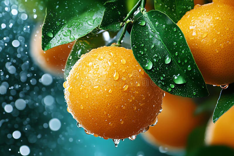 Orange Tree during a Light Spring Rain with Droplets on the Fruit ...