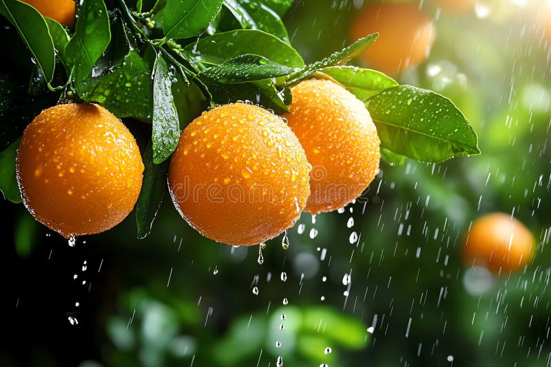 Orange Tree during a Light Spring Rain with Droplets on the Fruit ...
