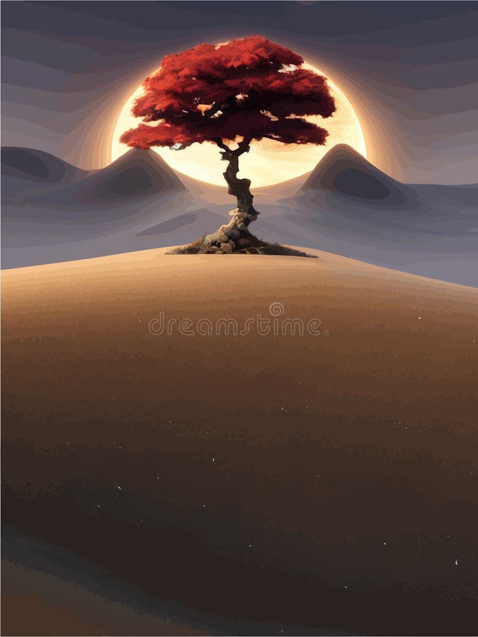 Orange Tree in Middle Desert Under Hill on Background Mountains and ...