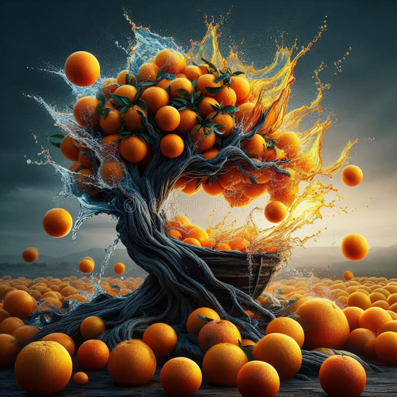 Orange Tree with Splashing Juice. Stock Illustration - Illustration of ...