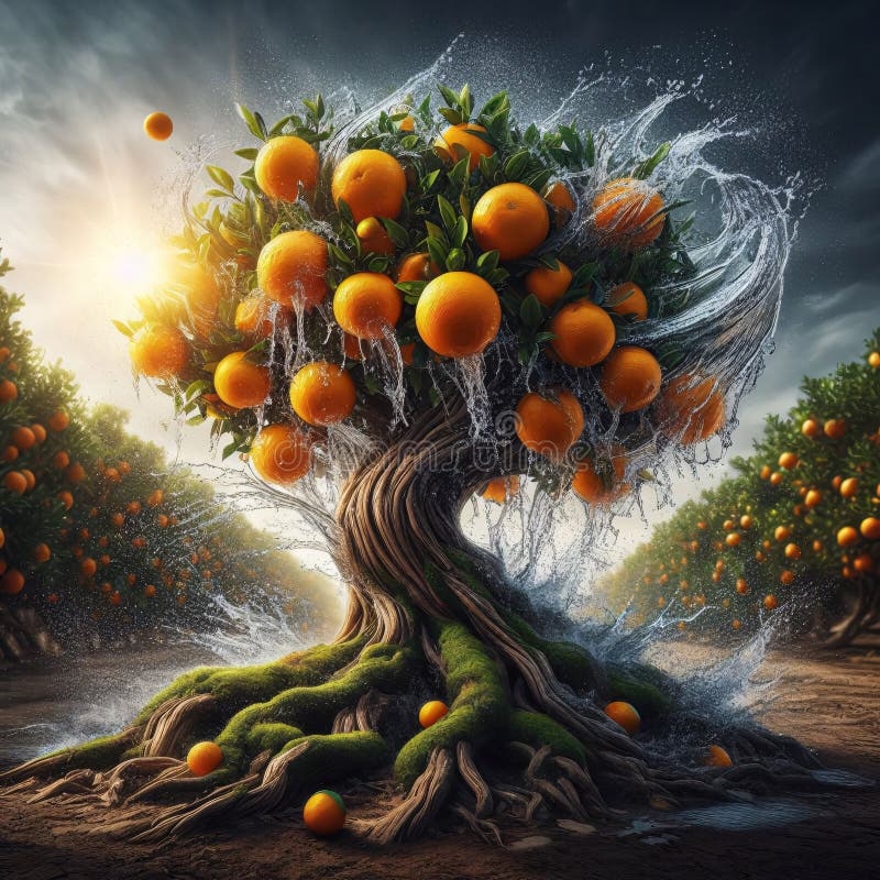 Orange Tree with Water Splashes. Stock Illustration - Illustration of ...