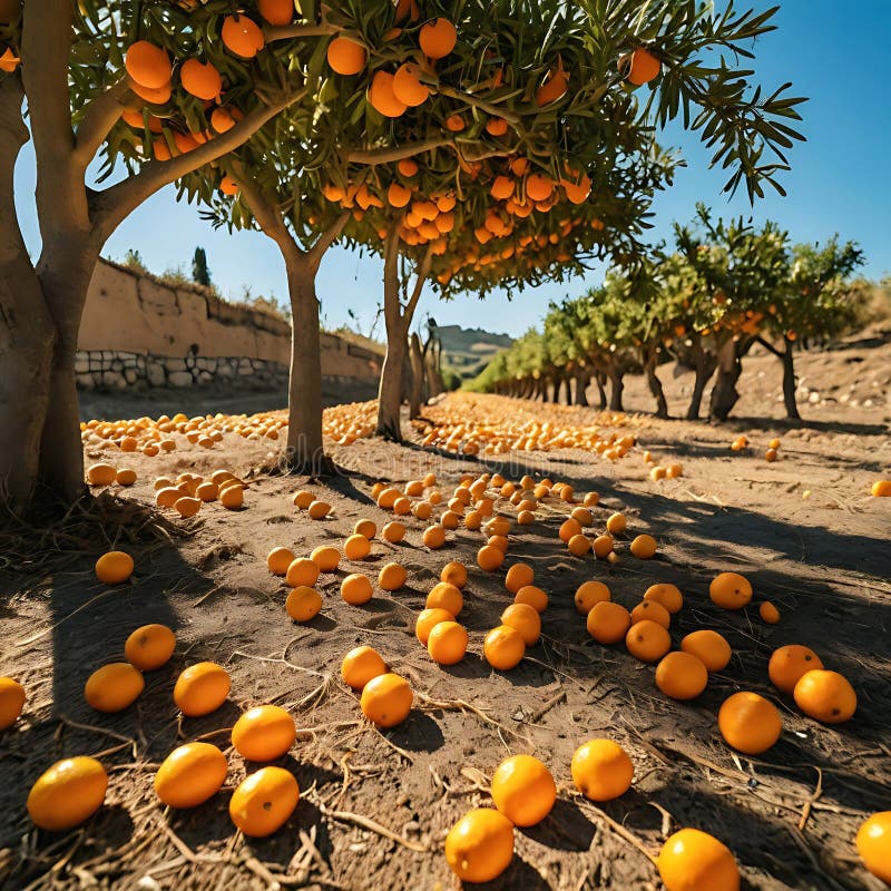 Orange Trees in Farm with Falling Oranges on the Ground with Sunlight ...