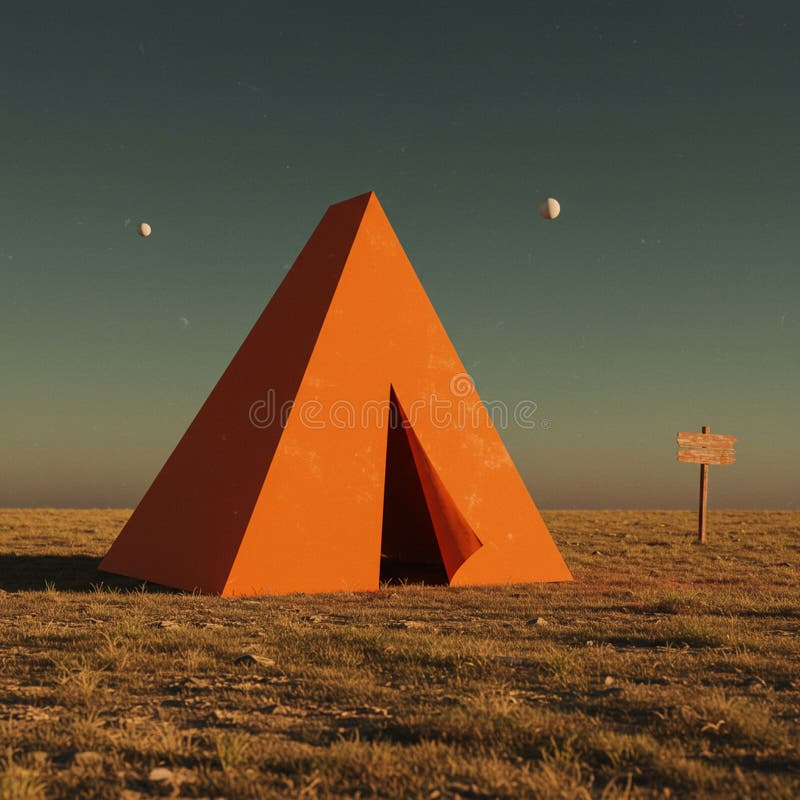 Orange Triangular Tent on an Open Grassy Plain Under a Twilight Sky. Two Small Planets O Stock ...