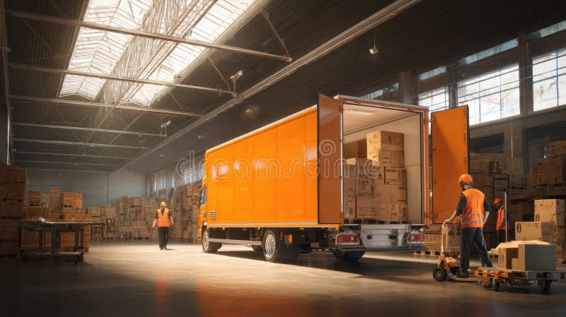 The Orange Truck Loading Boxes in a Busy Warehouse Environment..AI ...