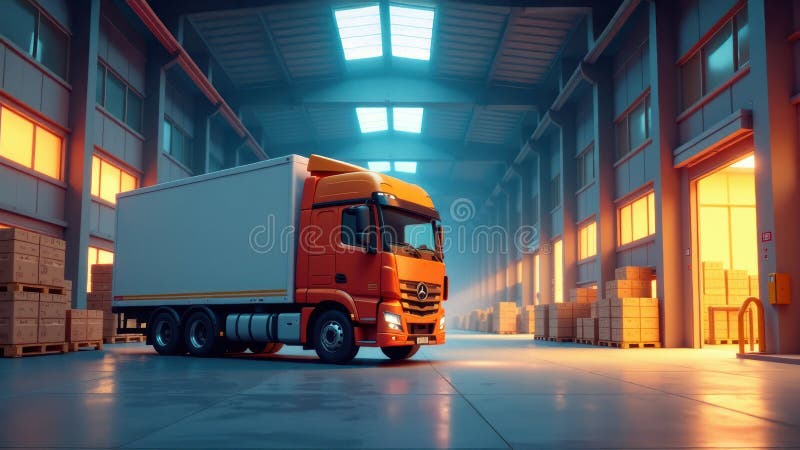 Orange Truck in Warehouse, Cargo Delivery, Logistics Concept Stock ...