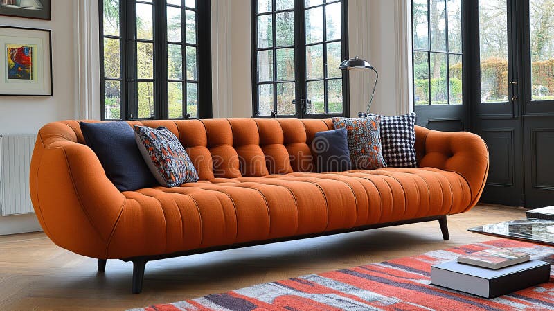 Orange Tufted Sofa in Modern Living Room with Large Windows Stock ...