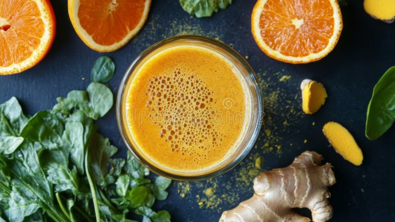 Orange Turmeric Ginger Spinach Juice with Dark Background Stock ...