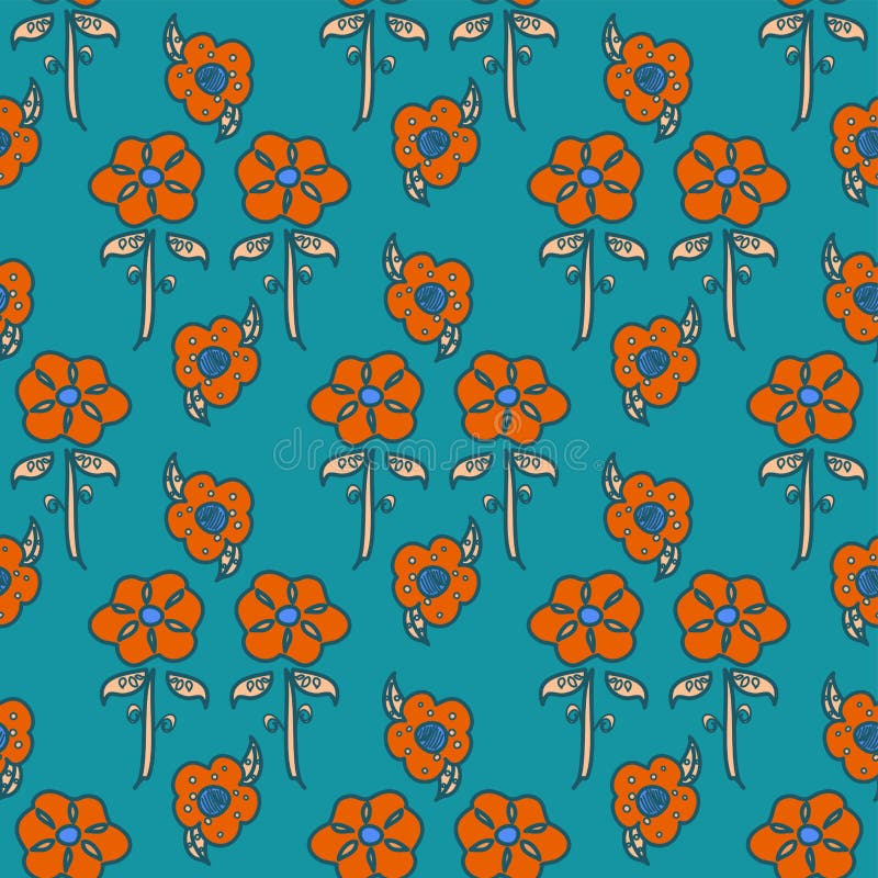 Orange and Turquoise Cute Vector Floral Repeating Seamless Pattern ...