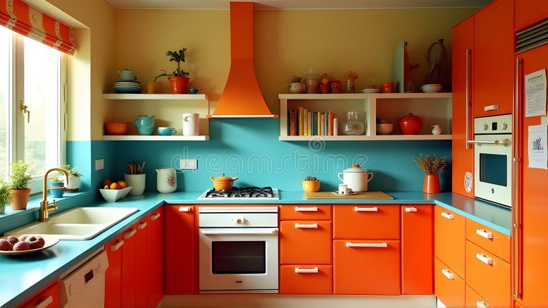 Orange and Turquoise Modern Kitchen Interior. Stock Illustration ...