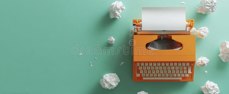 The Orange Typewriter with Crumpled Paper on a Teal Background. AI ...
