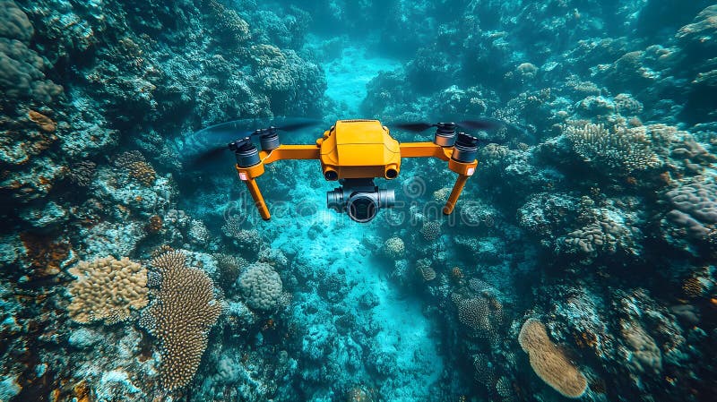 Orange Underwater Drone Exploring Coral Reef, Capturing Marine ...