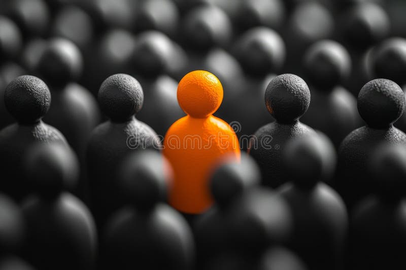 Orange Unique Figurine Standing Out from the Crowd of Black Identical ...