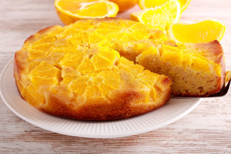 Orange Upside Down Cake, Sliced Stock Image - Image of homemade, brunch ...