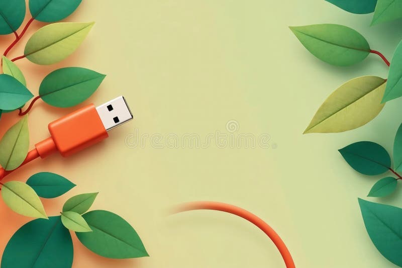 Orange USB Type-C Cable among Green Leaves on Light Green Background ...