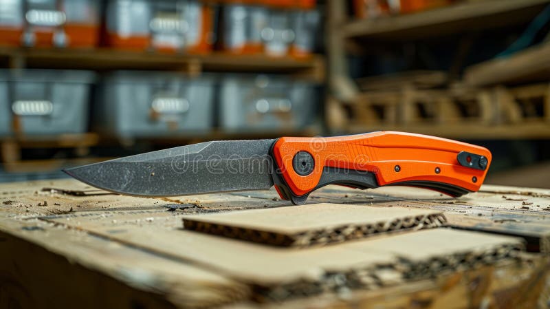 Orange Utility Knife on a Workbench in a Workshop Stock Image - Image ...