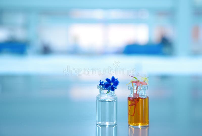 Orange Violet Flower and Vial with Science Laboratory Background Stock ...
