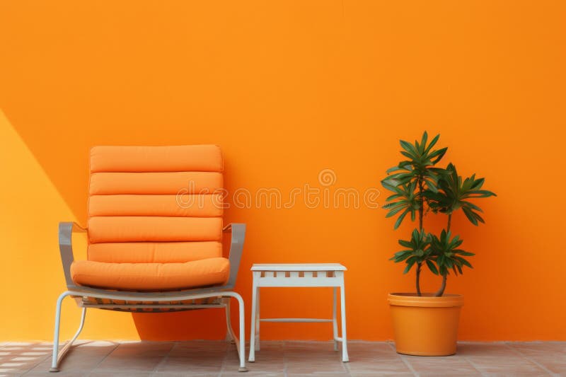 An Orange Wall with a Chair and a Potted Plant Stock Illustration ...