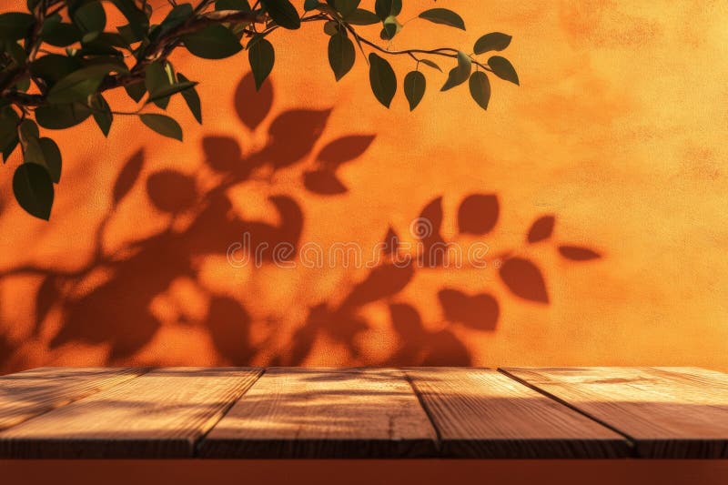 An Orange Wall with Tree Leaf Shadows Lighting Up an Empty Wooden Table ...