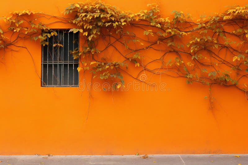Orange Wall with a Window and Ivy in the Corner, Thailand Stock ...