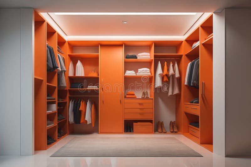 Orange Wardrobe with Clothes and Accessories in Modern Interior ...