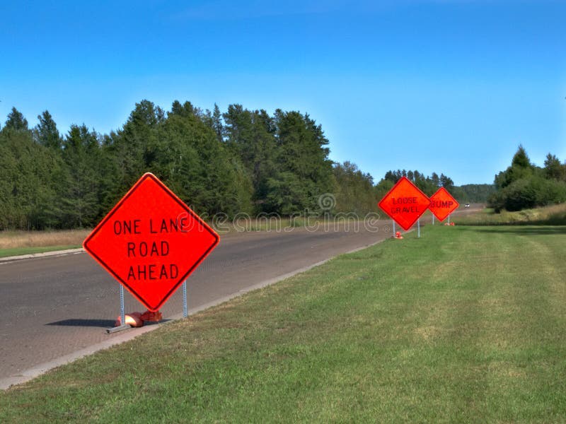 Orange Warning Road Signs on Highway at Construction Site Stock Photo ...