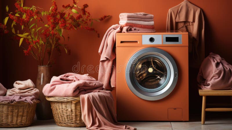 An Orange Washing Machine with Towels and Clothes, AI Stock Image ...